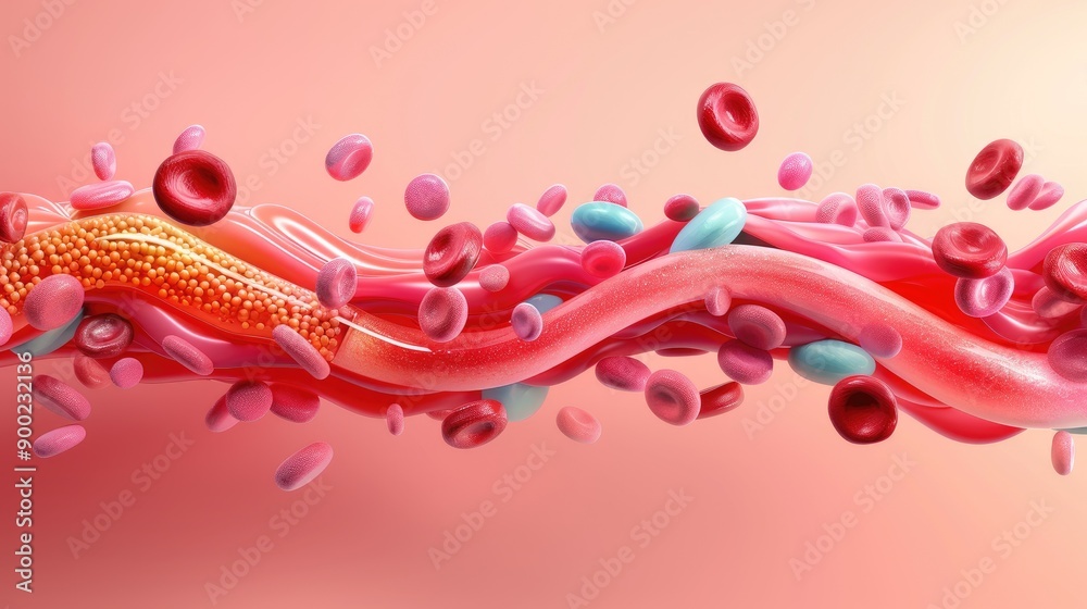 Fluid dynamics of blood vessels, vibrant red and pink hues flowing with ...
