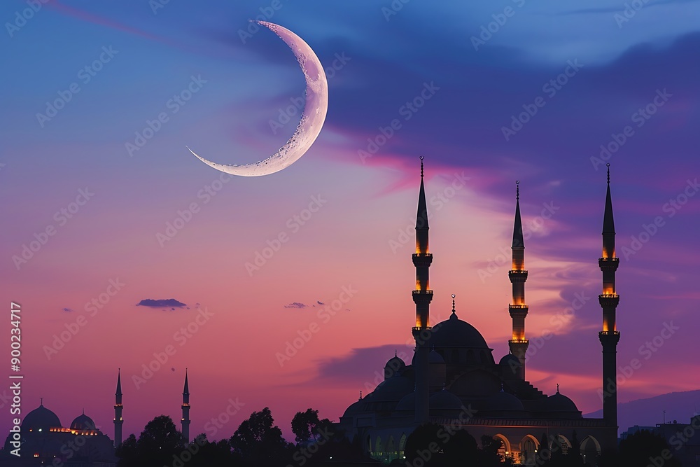 ภาพประกอบสต็อก Mosque sunset sky, moon, holy night, islamic night and ...