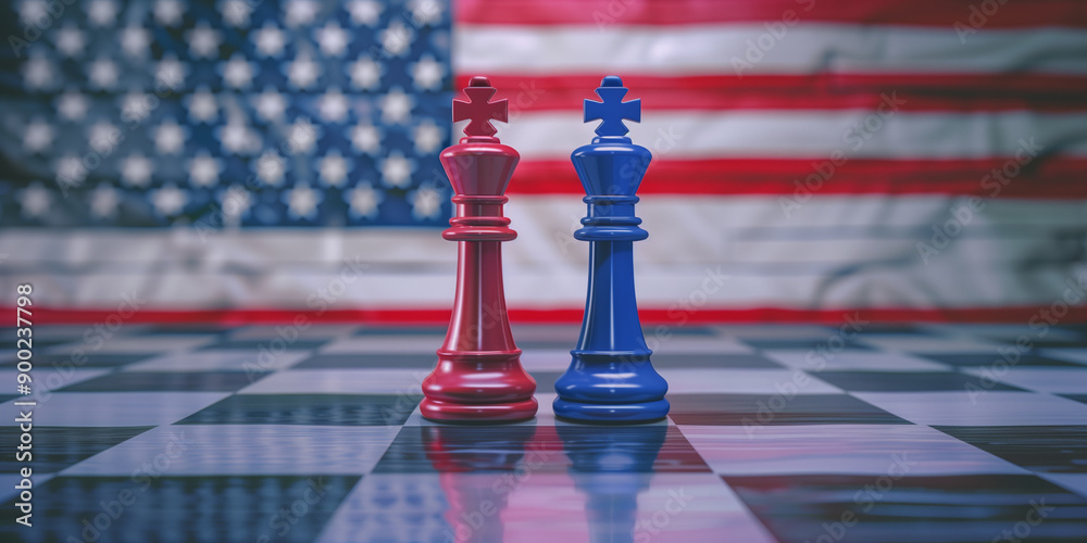 Red and blue chess king pieces standing on a chessboard with an ...