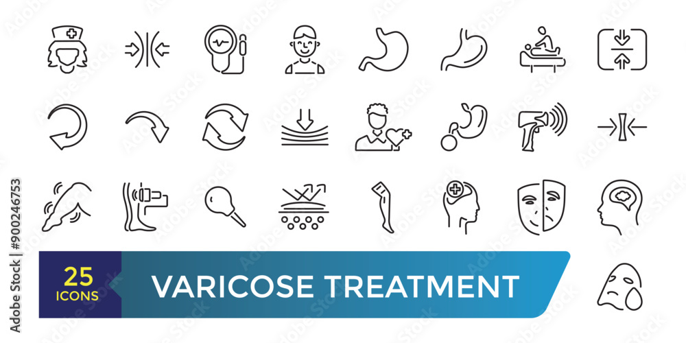 Varicose treatment icons set. Leg veins thrombosis disease and surgery ...