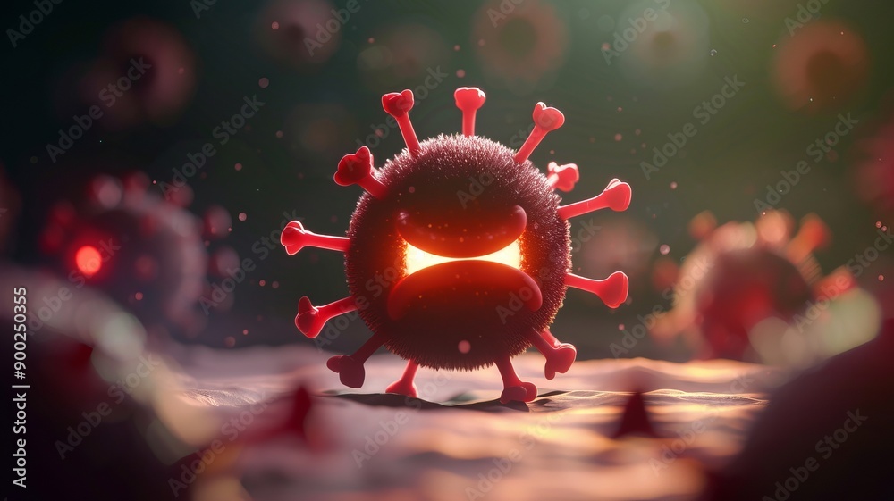 A detailed representation of a virus with prominent spikes and a ...