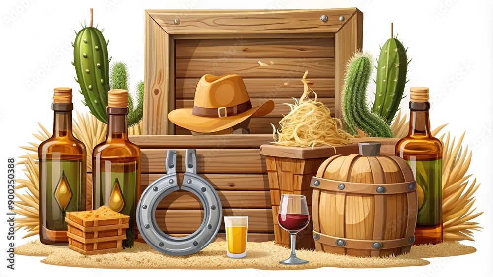 Western saloon elements set isolated on white background. Vector cartoon illustration of wooden ...