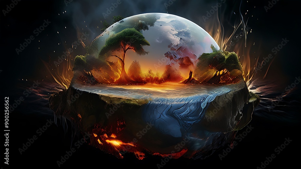 Earth depicted as a personified entity with melting ice and rivers as ...