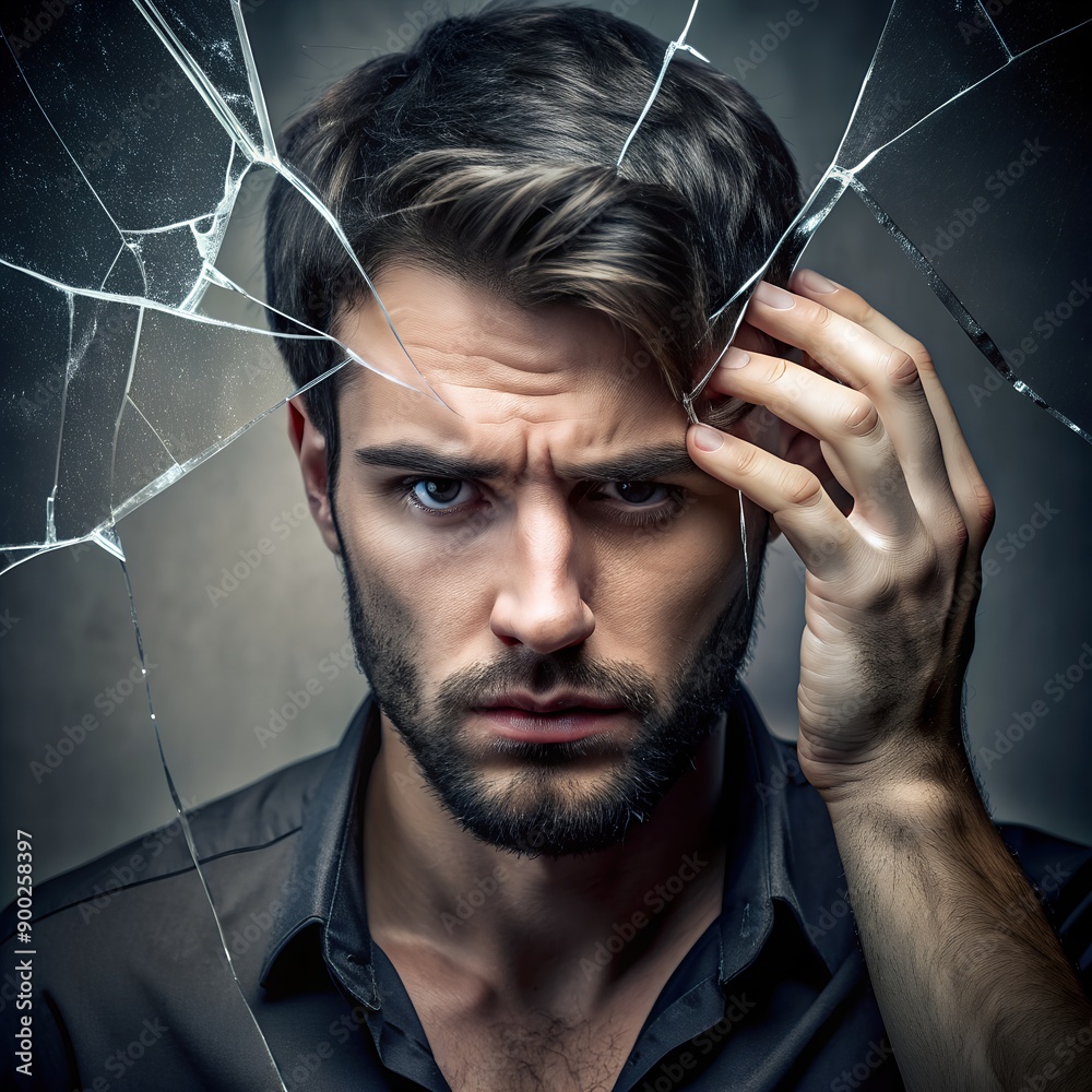 broken sad upset depressed young man touching forehead cracked glass ...