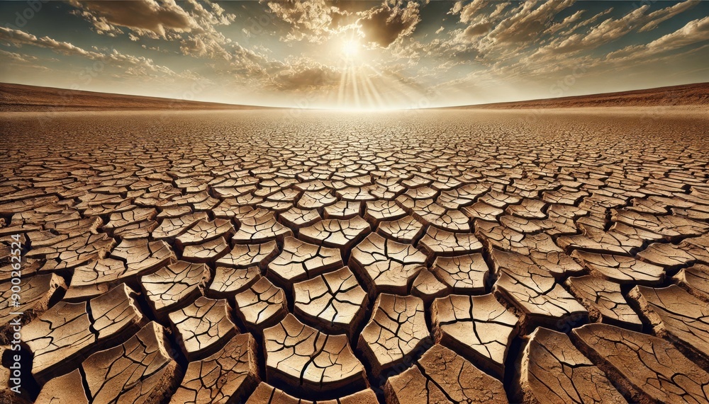 A vast, parched landscape of cracked, dry earth under a harsh, sunlit ...