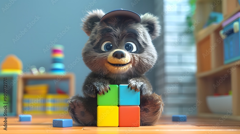 3D cartoon bear cub with soft fur, stacking colorful blocks into a tall ...