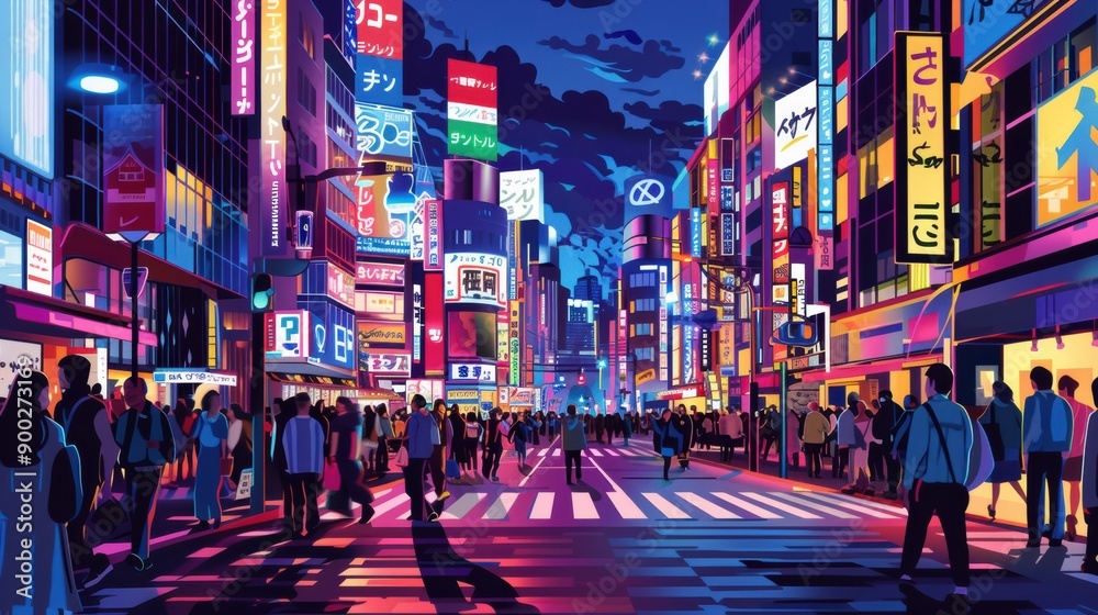 A vibrant street in Tokyo at night, with neon signs, bustling crowds ...