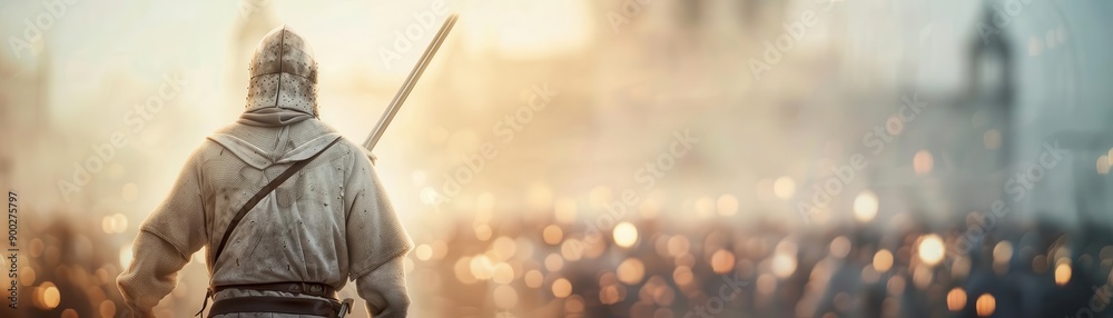 Medieval knight stands alone amid burning ruins as crowds gather in a ...