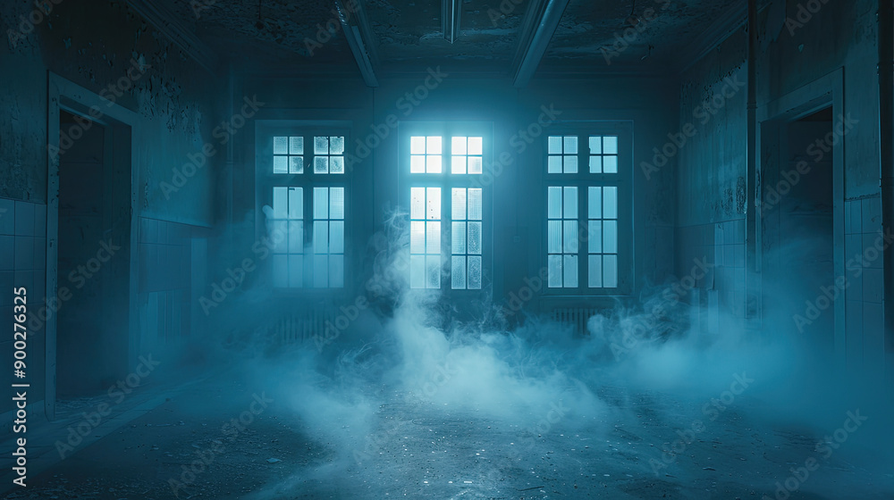 A mysterious room filled with blue mist and soft light streaming ...