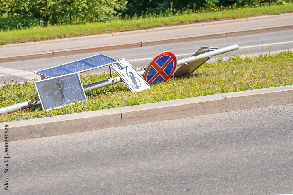 Car accident car crashed into metal pole with traffic light and road ...