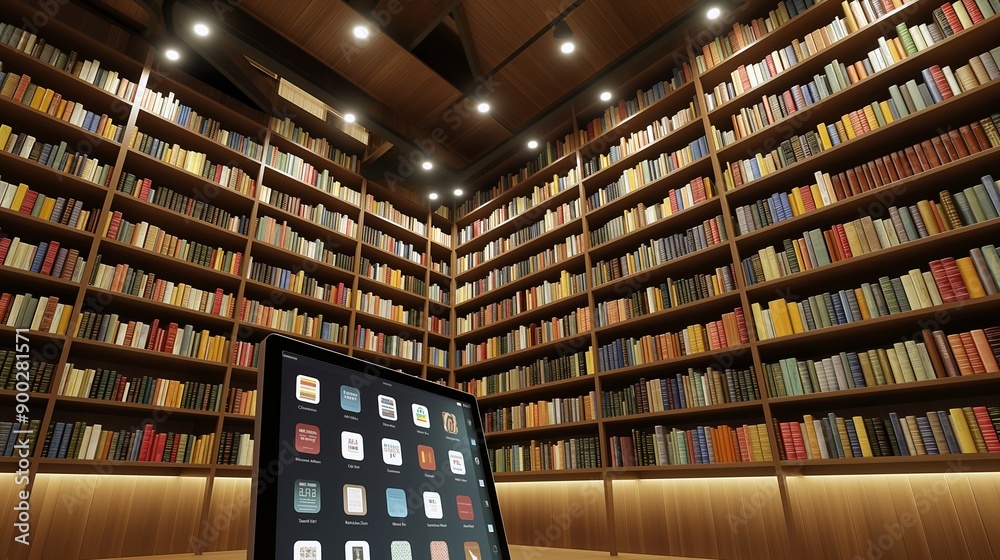 A high-tech home library with smart bookshelves that catalog books ...