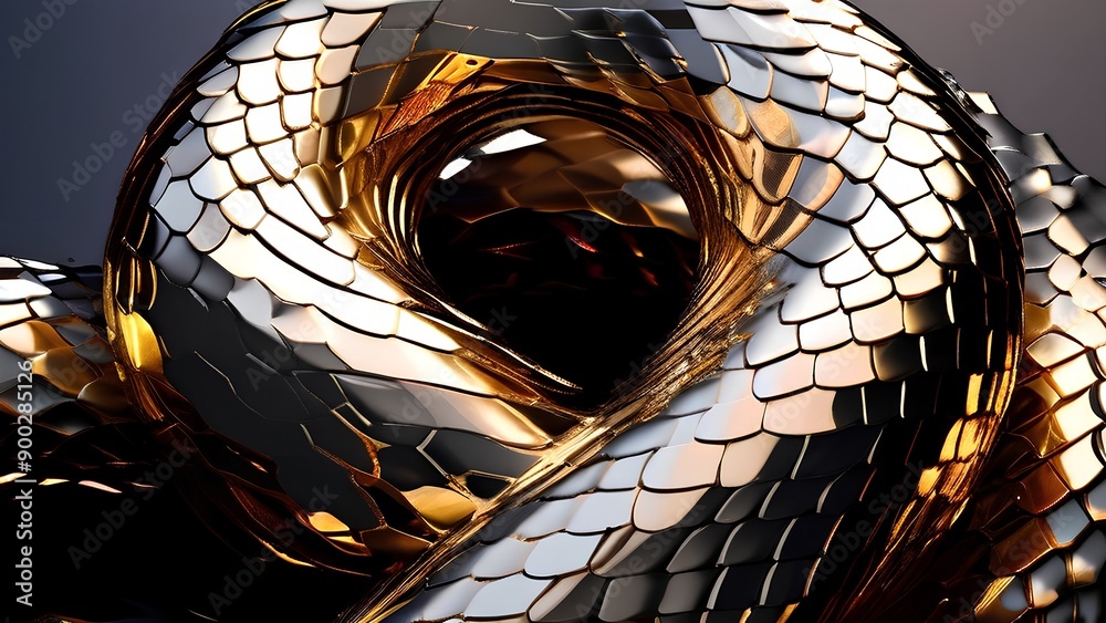 A futuristic 3D design with angular shapes covered in metallic snake ...