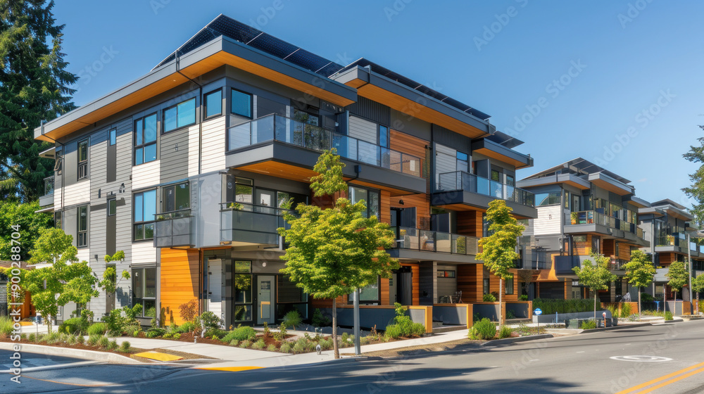 Sleek apartment complex with balconies and solar panels. Multifamily ...