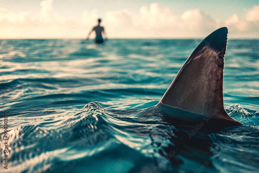 Shark fins appear above the surface of the sea along with men or people ...