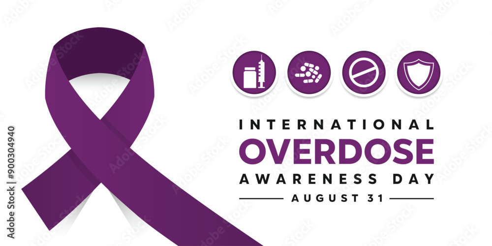 International Overdose Awareness Day. Ribbons, syringe, medications and ...