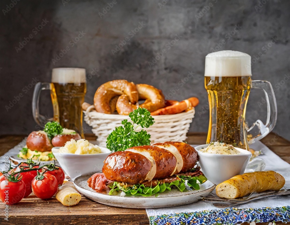 table full with typical german food like bratwurst, eggs, schnitzel and ...