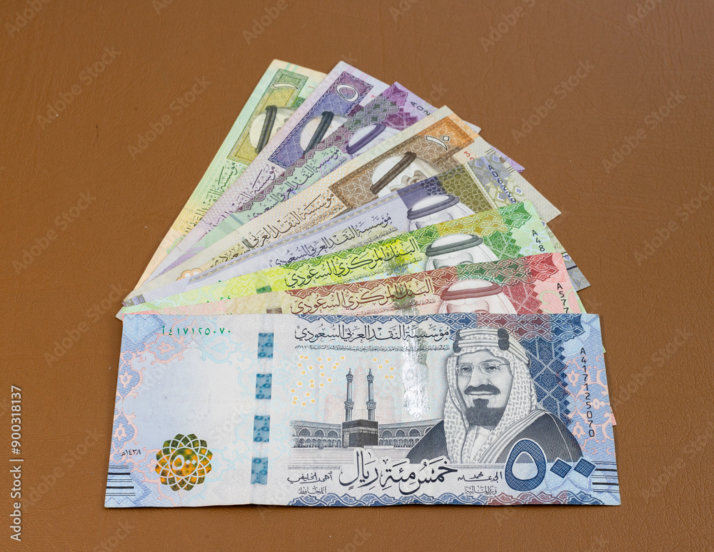 Saudi Arabia riyals banknotes set of different values and denominations ...
