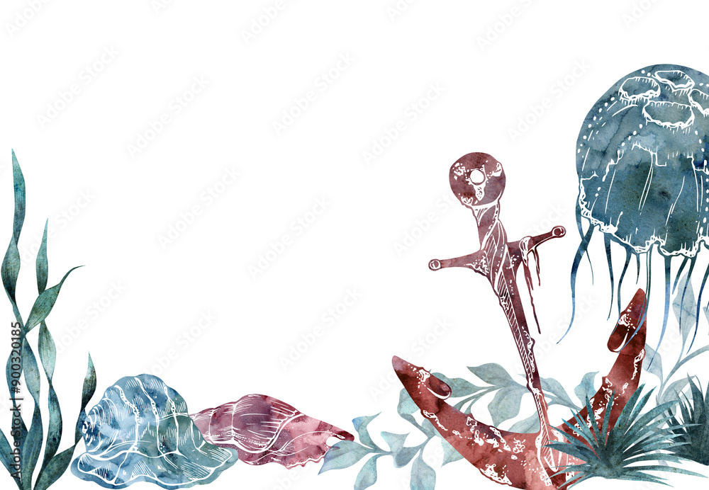 Watercolor and ink hand drawn marine life, sea ocean underwater ...