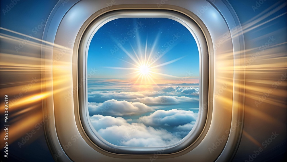 Plane windows with blue sky view. Vector realistic illustration of sun ...