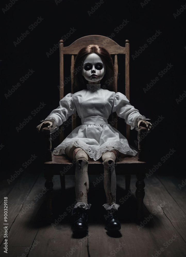 creepy girl horror doll sitting on a rocking chair in a dimly lit room ...