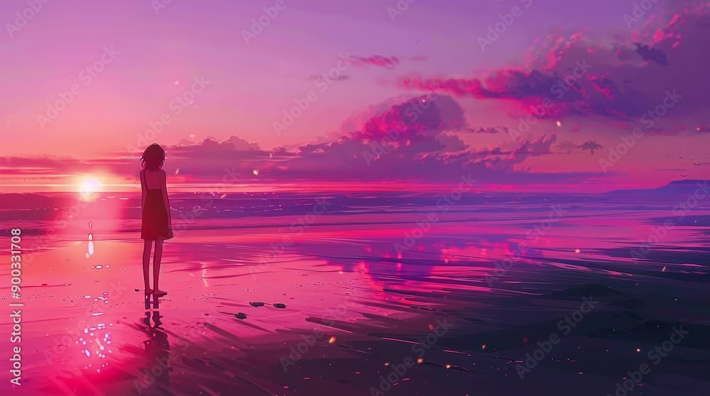 Anime girl standing alone on a tranquil sunset beach, capturing the ...