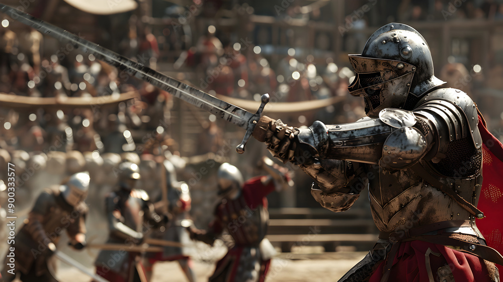 Medieval knights in tournament style, wielding swords and shields with ...