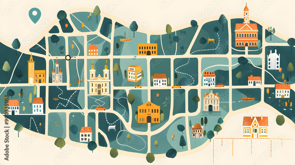 Colorful map displaying local points of interest including parks ...