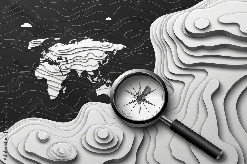 Artistic map with magnifying glass and topographic lines depicting ...