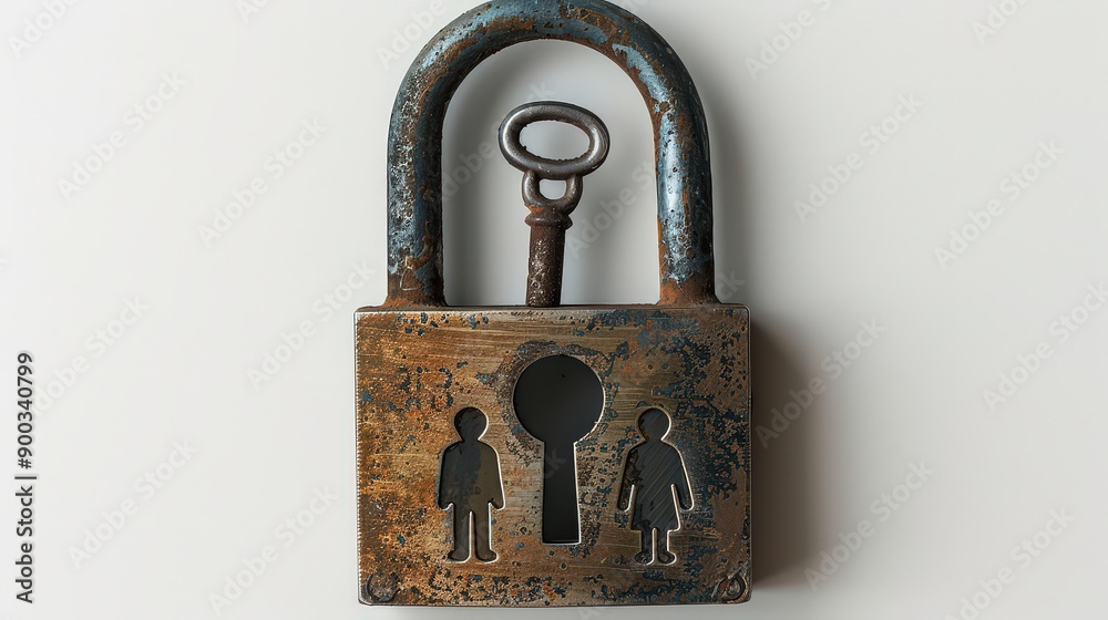 rusty padlock with a key inserted, featuring male and female symbols ...