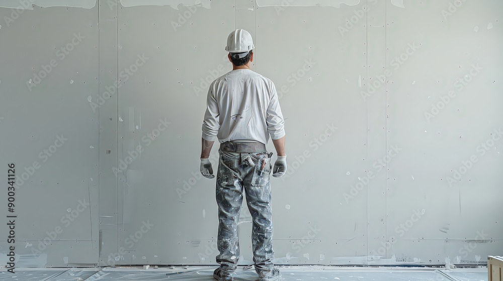 Construction worker in a hard hat and work clothes standing and facing ...