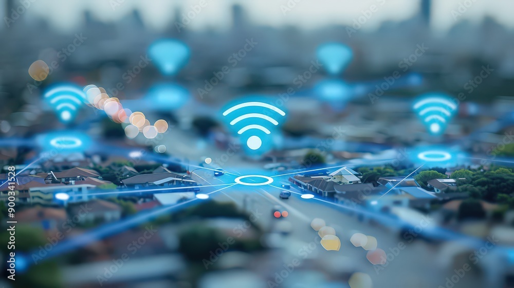 Display a map with WiFi network symbols indicating various hotspots ...