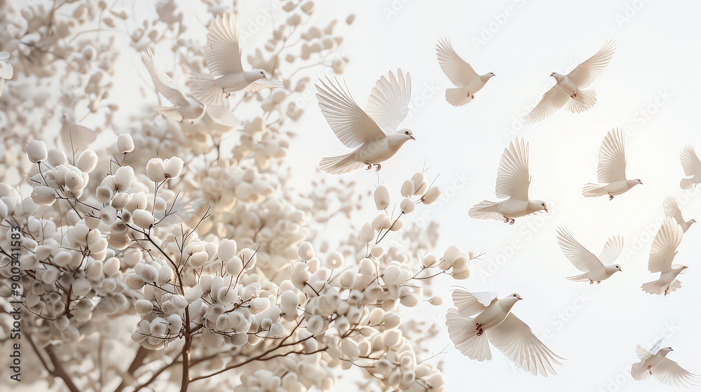 Illustrate a tree with doves perched on its branches and a peaceful ...