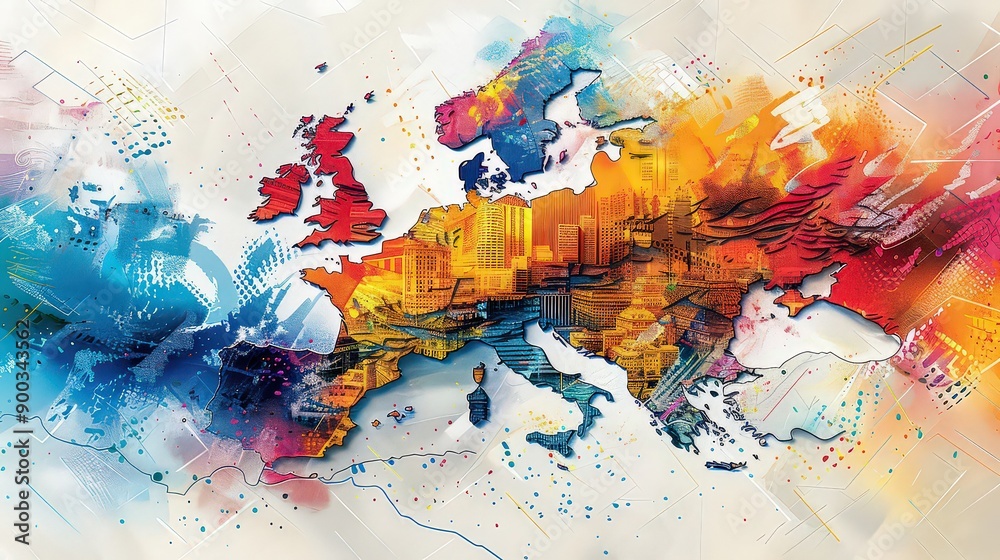 artistic watercolor map of Europe, blending vibrant colors and ...