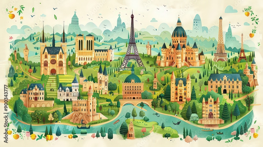 illustrated map of Paris showcasing various iconic landmarks and ...