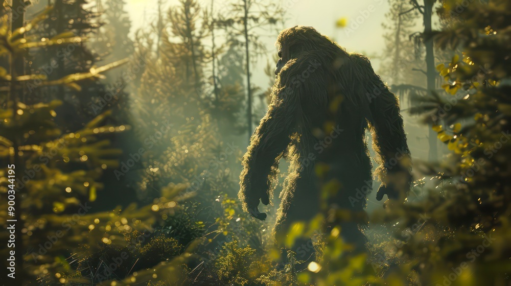 Bigfoot in a forest, utilizing shadows and lighting to enhance the ...