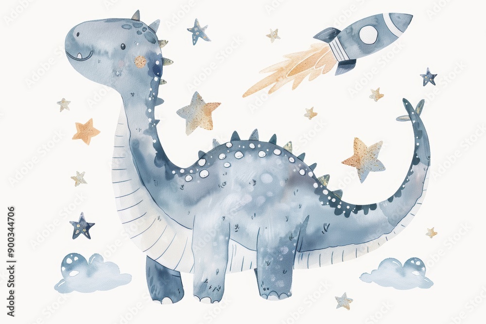 Cute watercolor space dinosaur clipart, white background, simple design ...