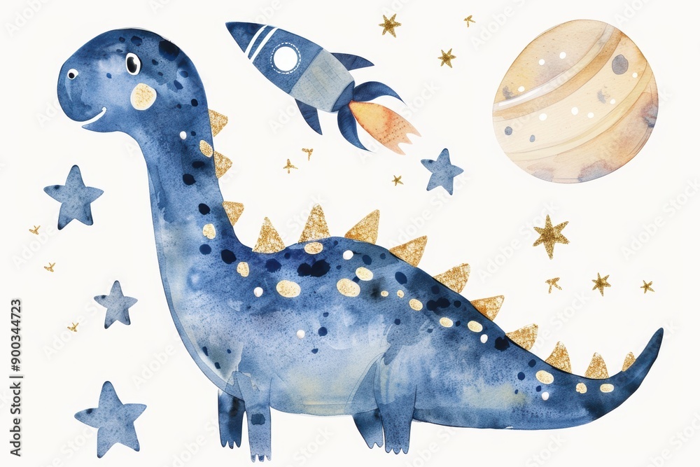 Cute watercolor space dinosaur clipart, white background, simple design ...