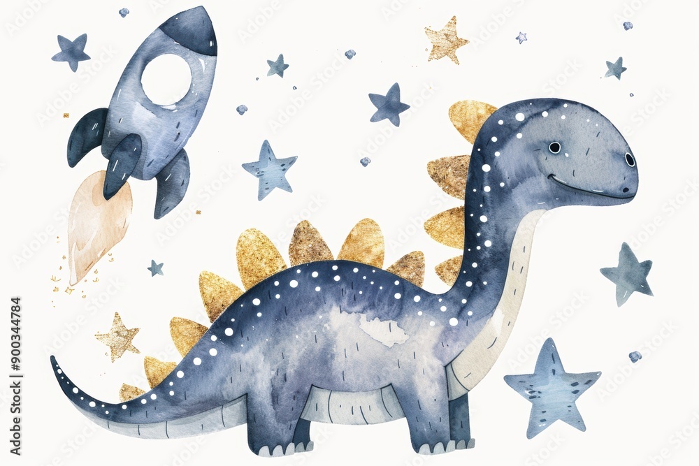 Cute watercolor space dinosaur clipart, white background, simple design ...