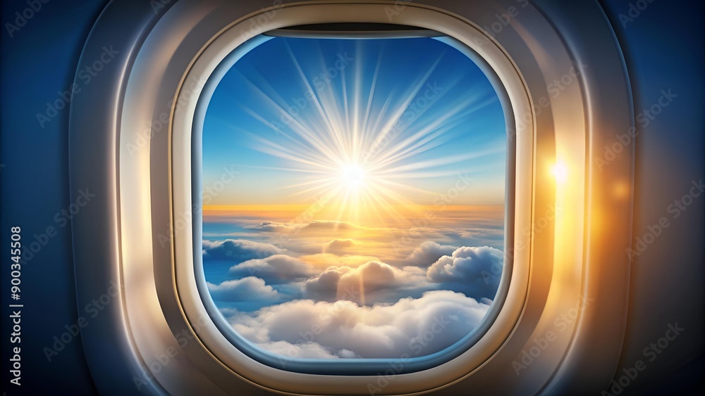 Plane windows with blue sky view. Vector realistic illustration of sun ...