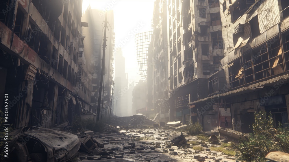 Desolate Post Apocalyptic Cityscape Under Bright Sunlight With ...