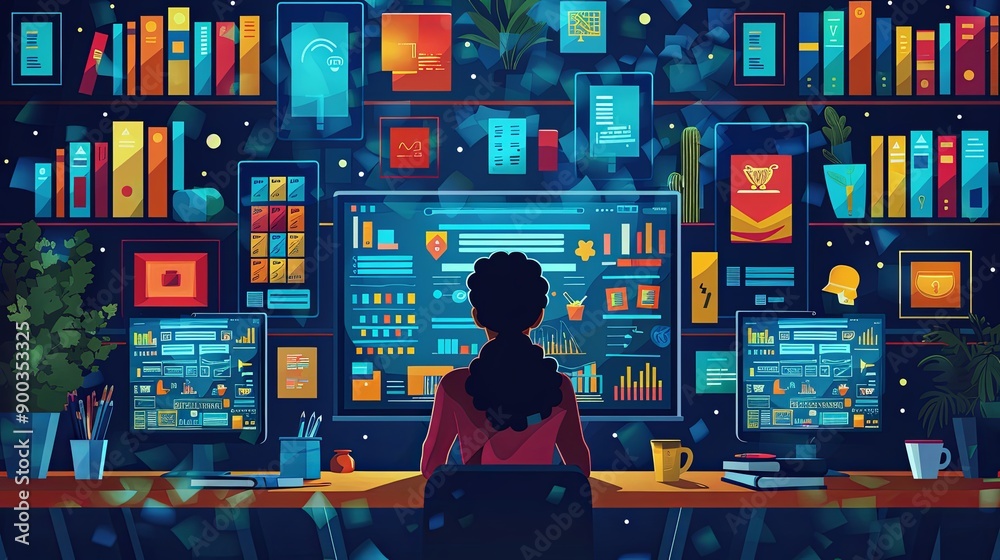 vector, illustration, Remote learning and online study lessons tiny ...