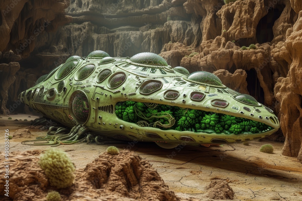 red alien spaceship floating in the air, bio-organic spaceship grown ...