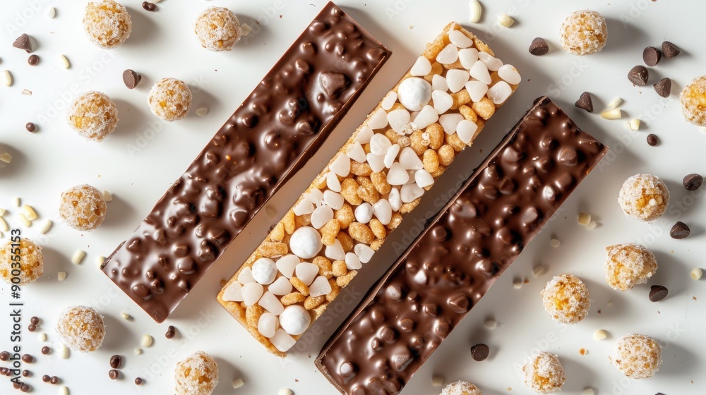 Top view of a chocolate bar split into halves, showing crispy wafers ...
