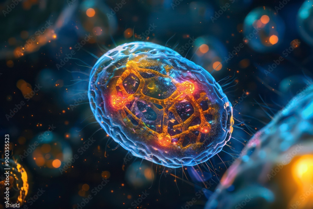 A cell biology diagram with a glowing outline, emphasizing key cellular ...