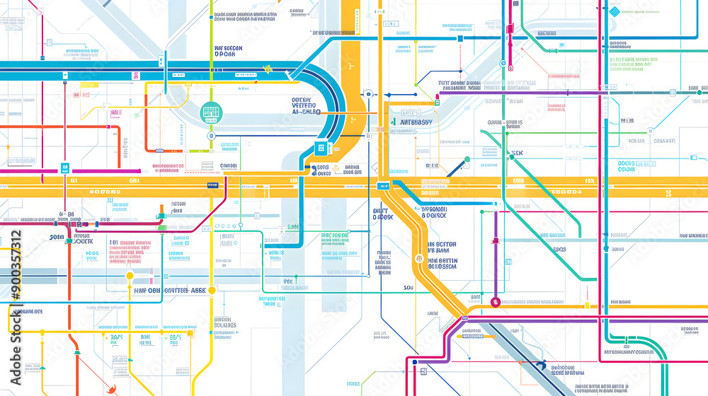 Detailed public transportation system map with route lines, stops, and ...