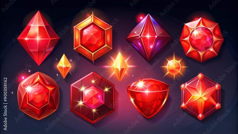 Red shiny fantasy gem stone crystals. Cartoon vector illustration set ...