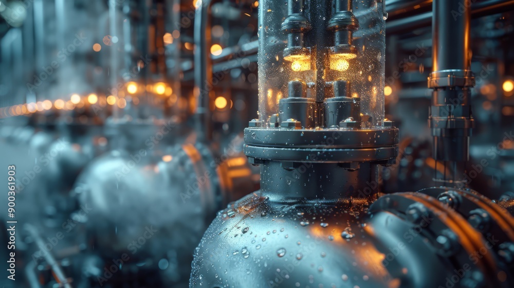 Closeup of an advanced industrial reactor complex piping and valves ...