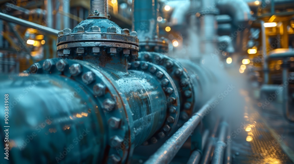 Closeup of an advanced industrial reactor complex piping and valves ...