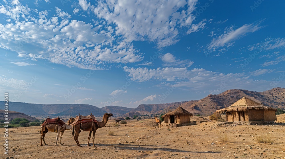 The rural landscape of Rajasthan, with camels and traditional huts ...