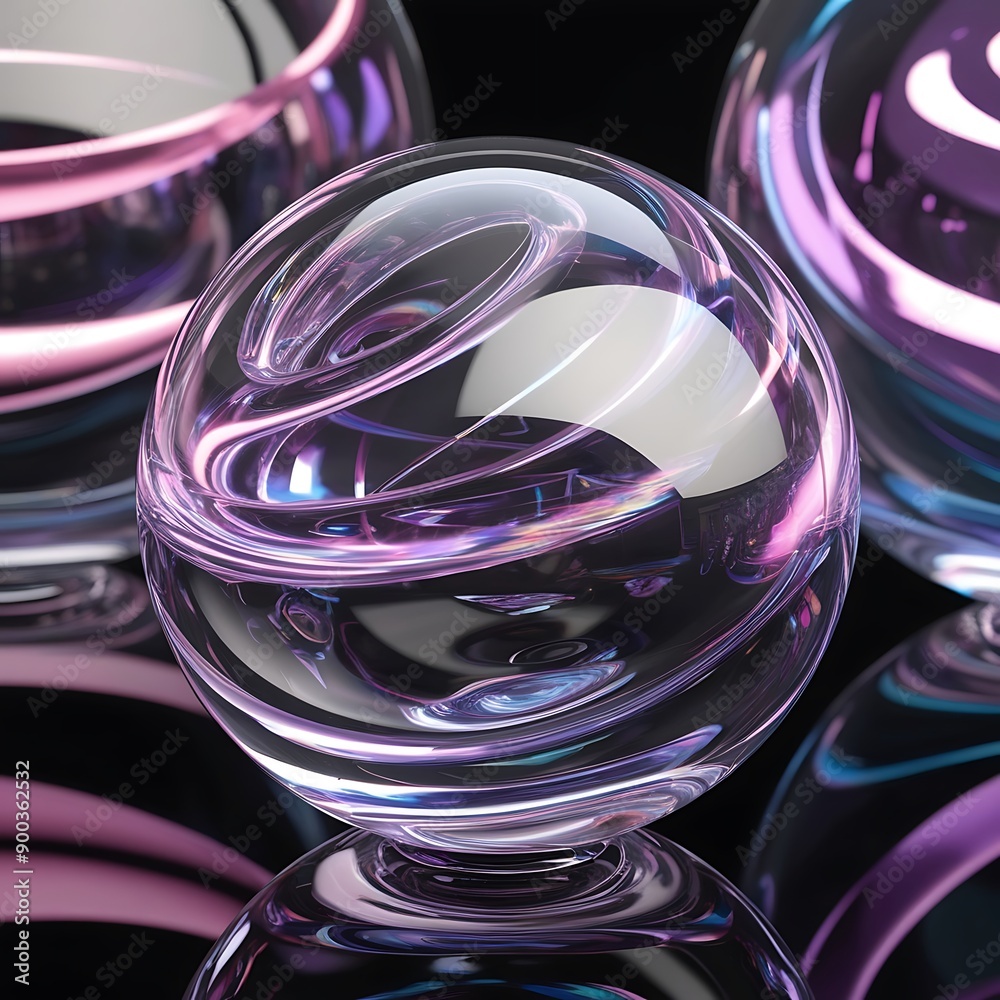 3D render of a transparent sphere or glass bubble with a holographic ...